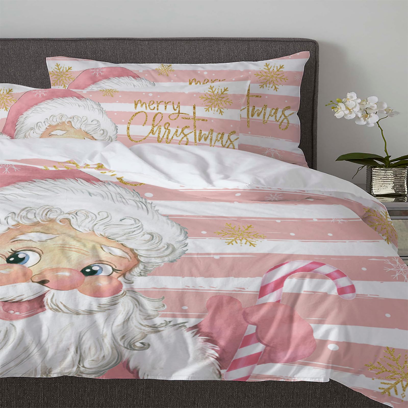 Boanket Pink Santa 3 Pieces Christmas Bedding Set Cal. King Size, Xmas Snowflake Soft Duvet Cover Set Comforter Cover Set with Zipper Closure All-Season Breathable Bedding Set Pink White Striped