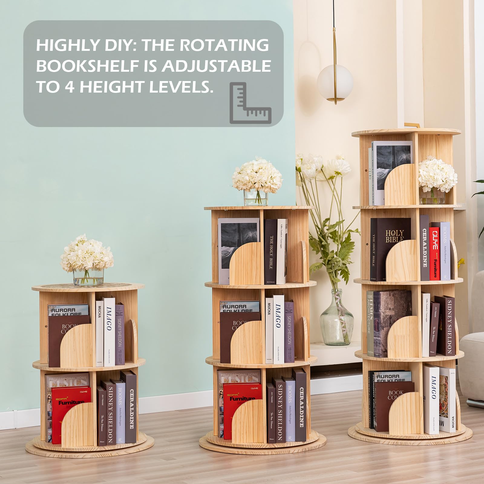 BUYWAY Rotating Bookshelf, 4 Tier Rotating Bookshelf Kids, 360 Display Floor Standing Bookcase Storage Rack for Kids&Adults Solid Wood Bookshelf Organizer, Classic Natural