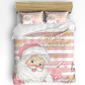 boanket pink santa 3 pieces christmas bedding set cal. king size, xmas snowflake soft duvet cover set comforter cover set with zipper closure all-season breathable bedding set pink white striped