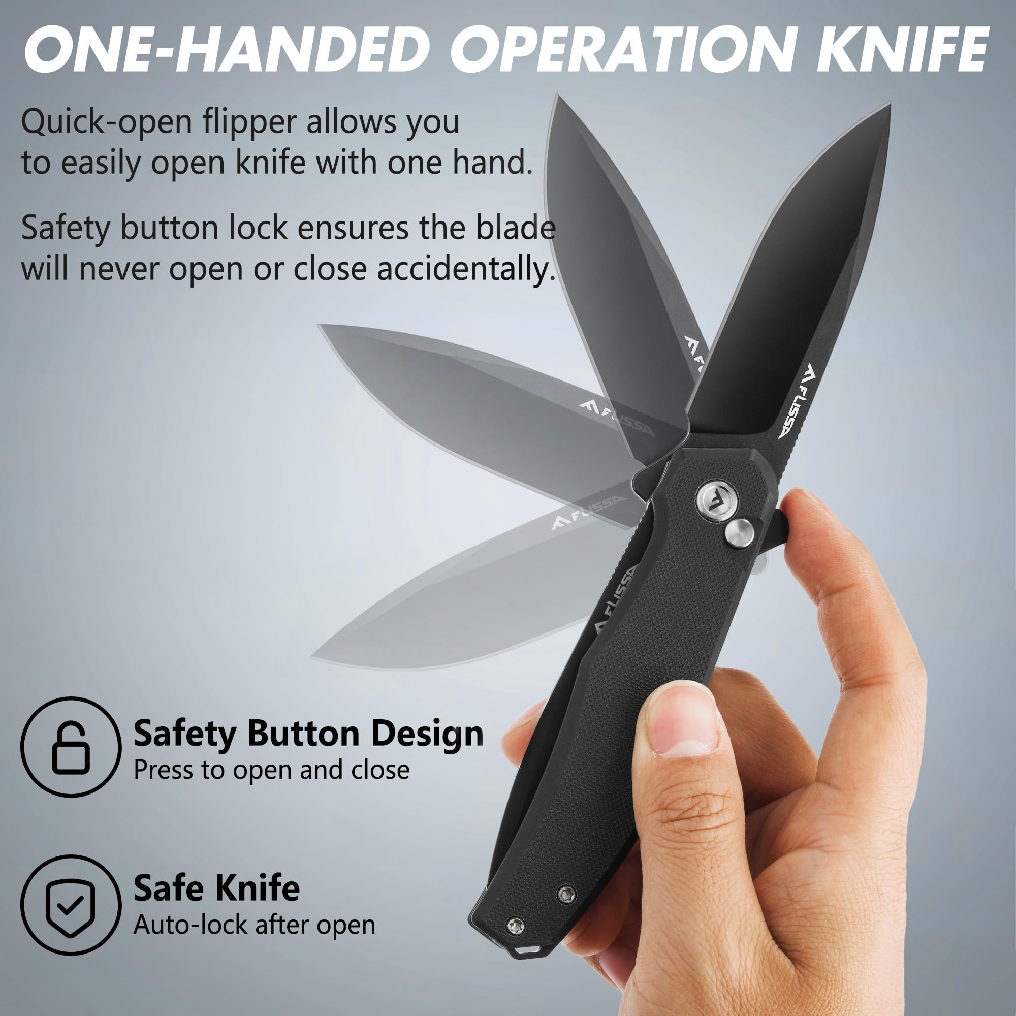 FLISSA Folding Pocket Knife, 4.5" G10 Handle EDC Knife with D2 Steel Blade, Button Lock and Pocket Clip, Tactical Knives for Men Women, Uesd for Outdoor, Survival, Hunting and Camping (Black)