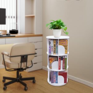 3 Tier White Rotating Bookshelf, 360 Display Small Book Shelf, Corner Bookshelf for Small Space, Floor Standing Bookcase Storage Rack, PVC Narrow Book Shelf Organizer for Office, Bedroom, Living Room