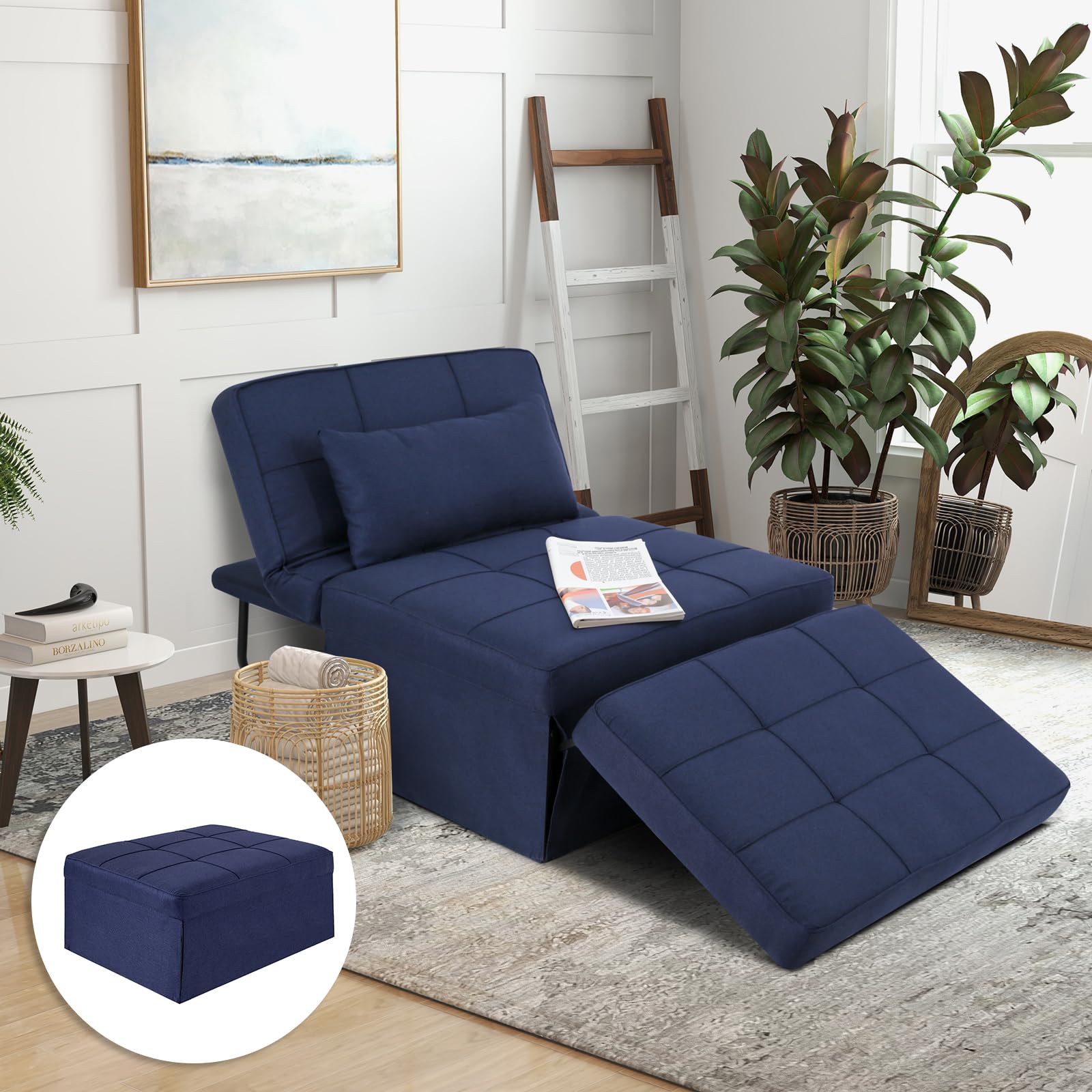 PORWEY Sleeper Chair Bed, 4-in-1 Convertible Futon Ottoman Bed Sleeper, Foldable Sofa Couch with Adjustable Backrest for Guest Room/Office Living Room, No Assembly Required, 29” Width, Dark Blue