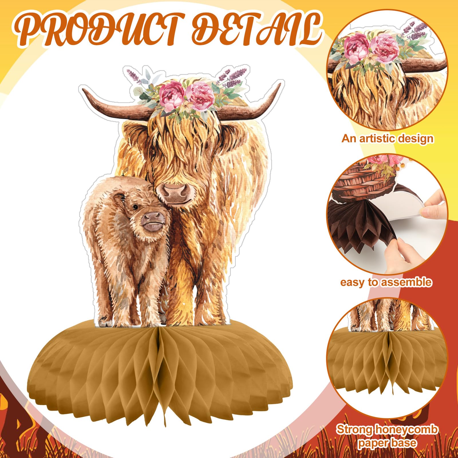 Shappy 12 Pcs Highland Cow Honeycomb Centerpieces Highland Cow Party Centerpieces Highland Cattle Table Decorations for Highland Cow Baby Shower Birthday Party Supplies(Classical)