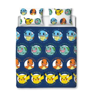 character world pokemon official double duvet cover set, gotta design | blue reversible pikachu squirtle charmander 2 sided bedding cover official merchandise including matching pillow cases