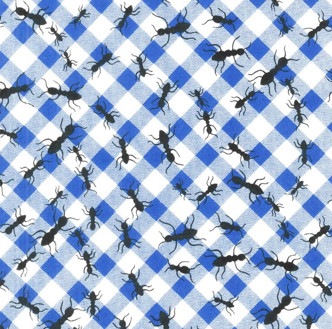 A. E. Nathan Black Picnic Ants on Blue and White Checkered Comfy Cotton Flannel Fabric by The Yard