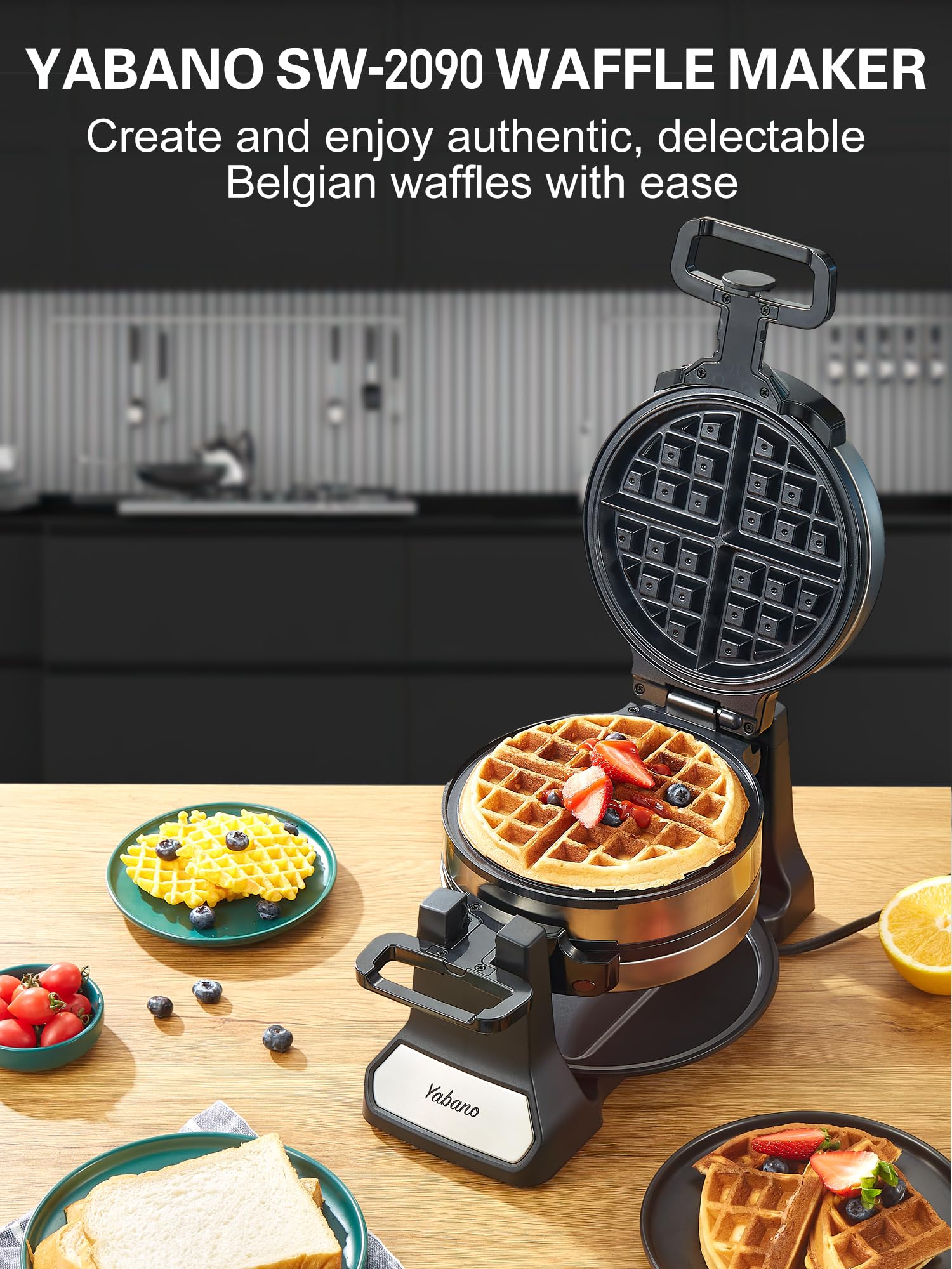 Belgian Waffle Maker, Classic Rotating Waffle Iron with Nonstick Plates, Removable Drip Tray and Cool Touch Handles, Double Flip Waffle, Rotating Belgium Waflera Maker by Yabano, Brushed Stainless