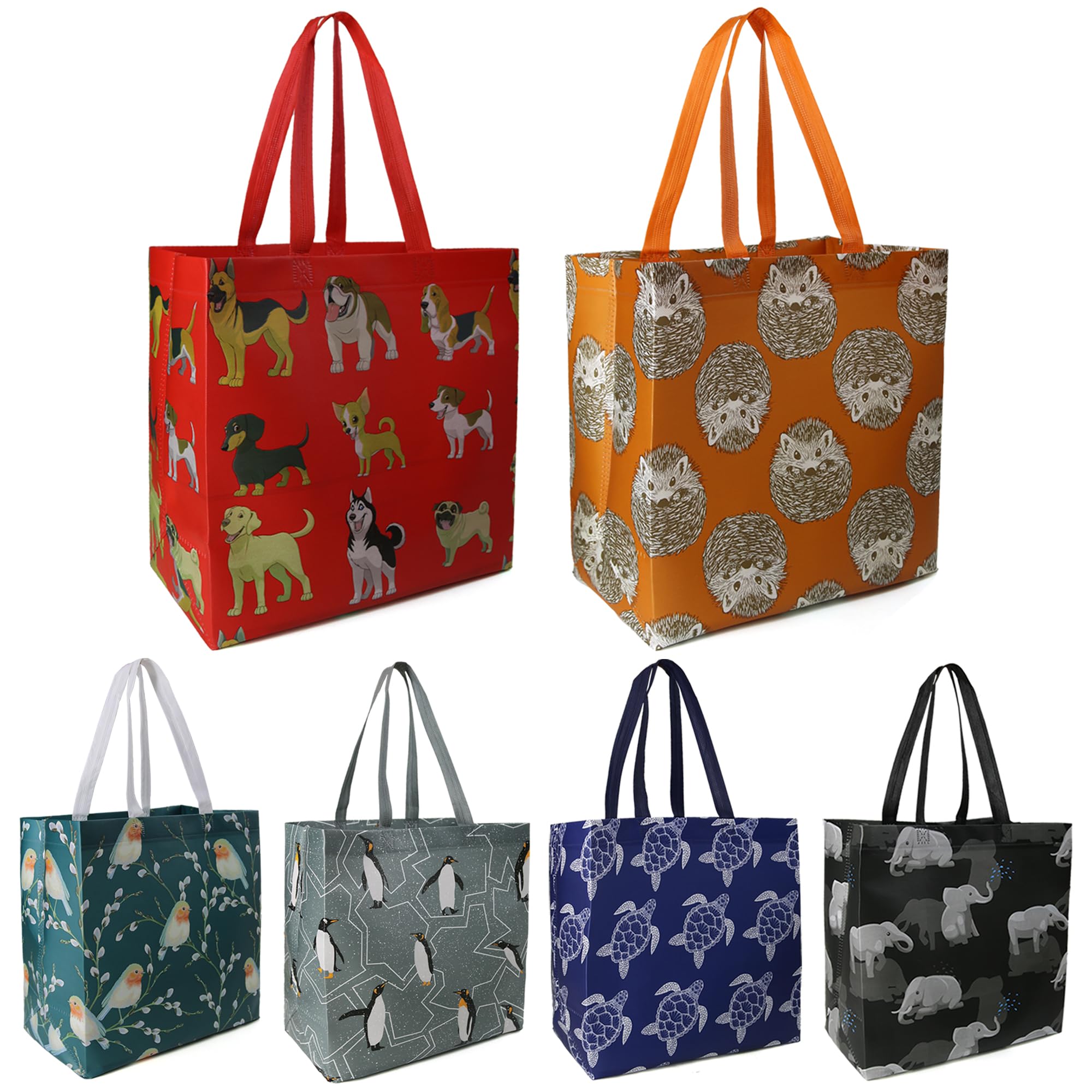 BeeGreen Animal Reusable Grocery Bags - W13*H13*D7 6 Packs Lightweight Shopping Totes with Long Handles, Water Resistant,Durable and Portable - Perfect for Groceries, Supermarket, Gifts, and More