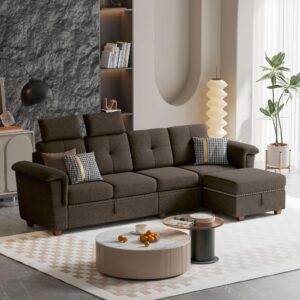 Tornama 109" Convertible Sectional Sofa L Shaped Couch wtih Storage, Modern 4 Seater Upholstered Fabric Couch with Hidden Coffee Table and Chaise for Living Room, Coffee (Coffee)