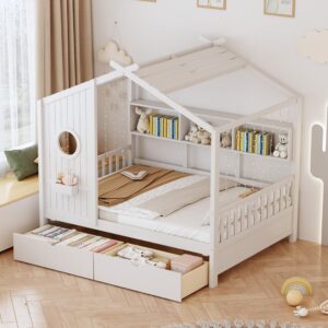 Linique Wooden Full Size House Bed with 2 Drawers and Storage Shelf,Full Platform Bed Frame with Pitched Roof,White