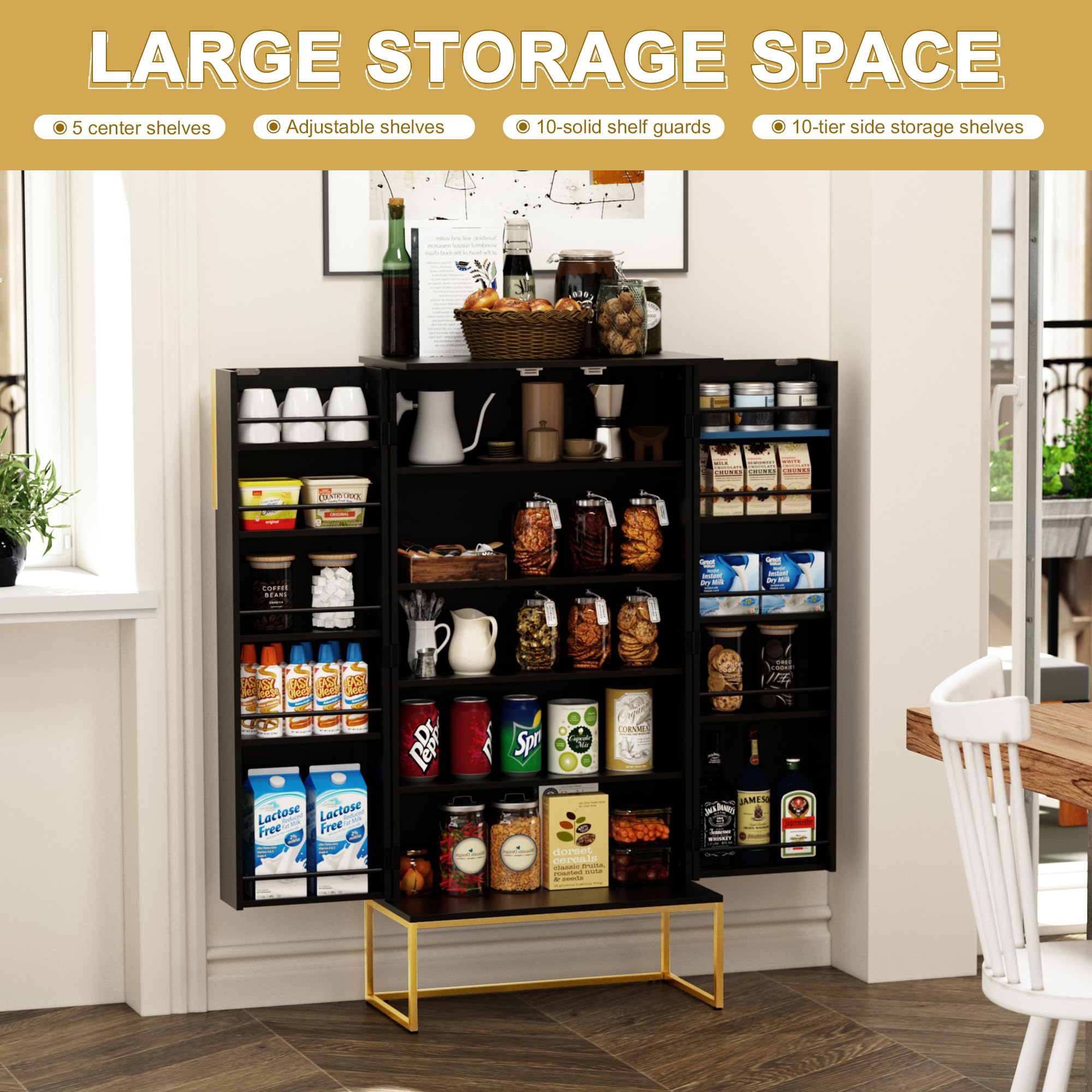 HOLTICO 46.5'' Accent Wood Kitchen Pantry with Doors, Storage Cabinet with Adjustable Shelves, Food Pantry Cabinet for Kitchen, Dining Room, Living Room and Garage, Metal Legs,Black