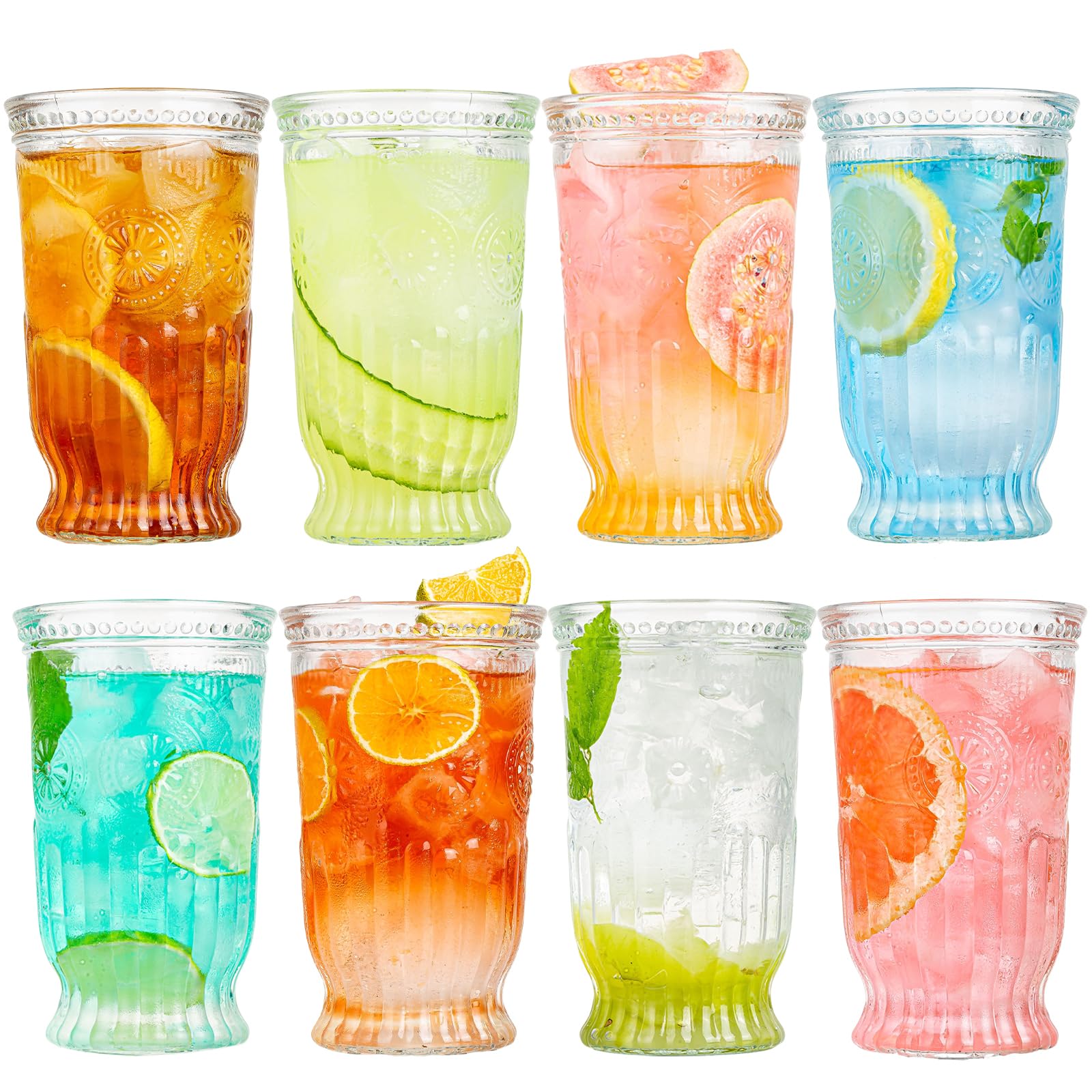 Claplante Vintage Drinking Glasses, 8 pcs Embossed Designed Highball Glasses, 16oz Glass Cups, Tall Water Glass Tumbler, Mojito Cup, Cocktail Glass, Vintage Glassware Set for Juice, Cocktail, Whiskey