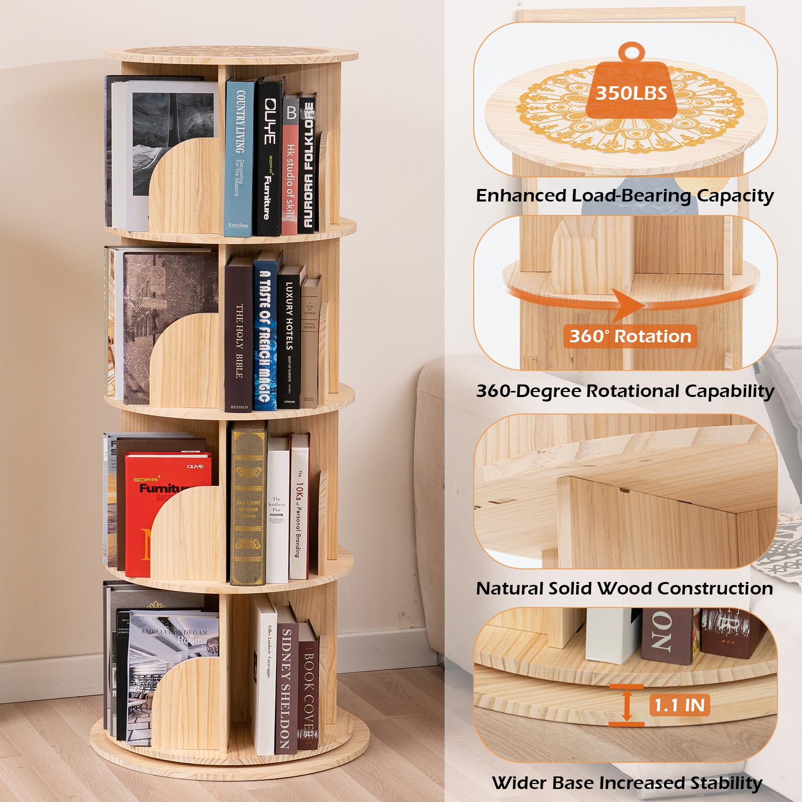 BUYWAY Rotating Bookshelf, 4 Tier Rotating Bookshelf Kids, 360 Display Floor Standing Bookcase Storage Rack for Kids&Adults Solid Wood Bookshelf Organizer, Classic Natural