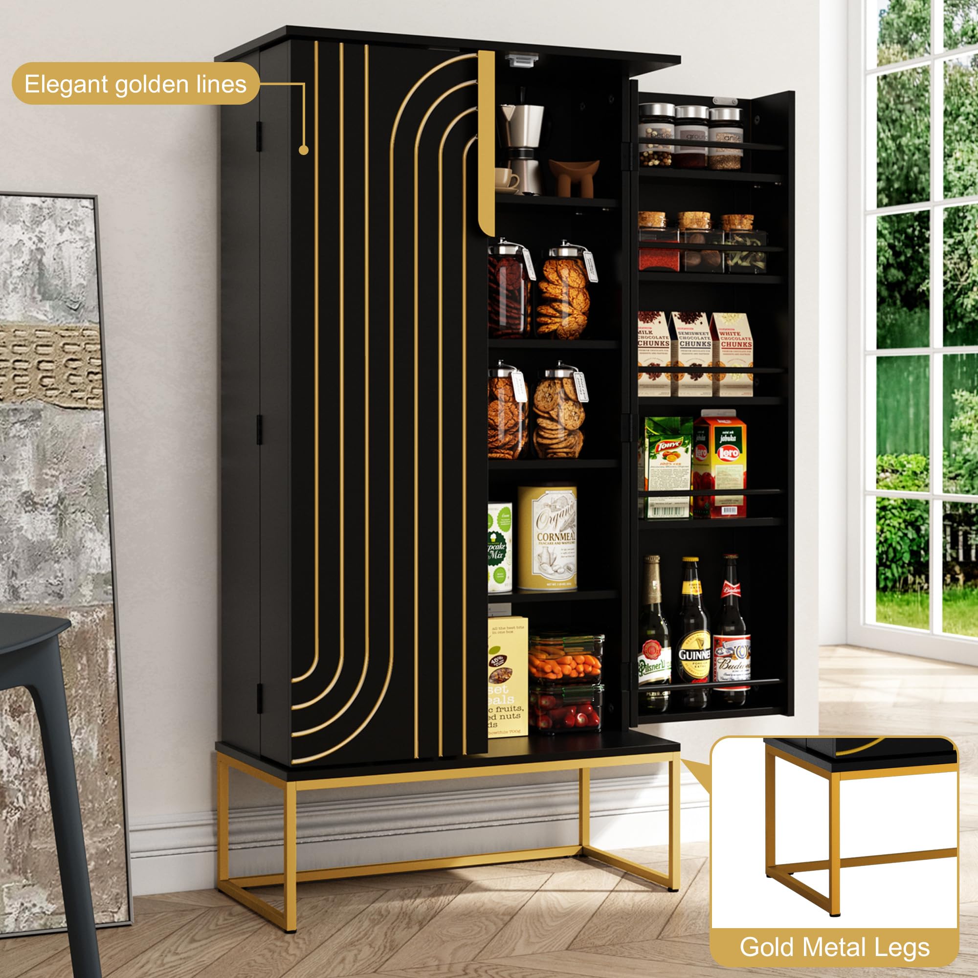 HOLTICO 46.5'' Accent Wood Kitchen Pantry with Doors, Storage Cabinet with Adjustable Shelves, Food Pantry Cabinet for Kitchen, Dining Room, Living Room and Garage, Metal Legs,Black