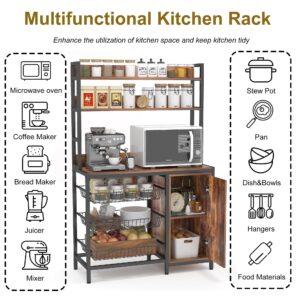 NAIYUFA Kitchen Bakers Rack with Baskets and Door,Industrial Microwave Oven Stand,Kitchen Utility Storage Shelf,Free Standing Kitchen Utility Cart Storage Shelf Organizer with Hooks