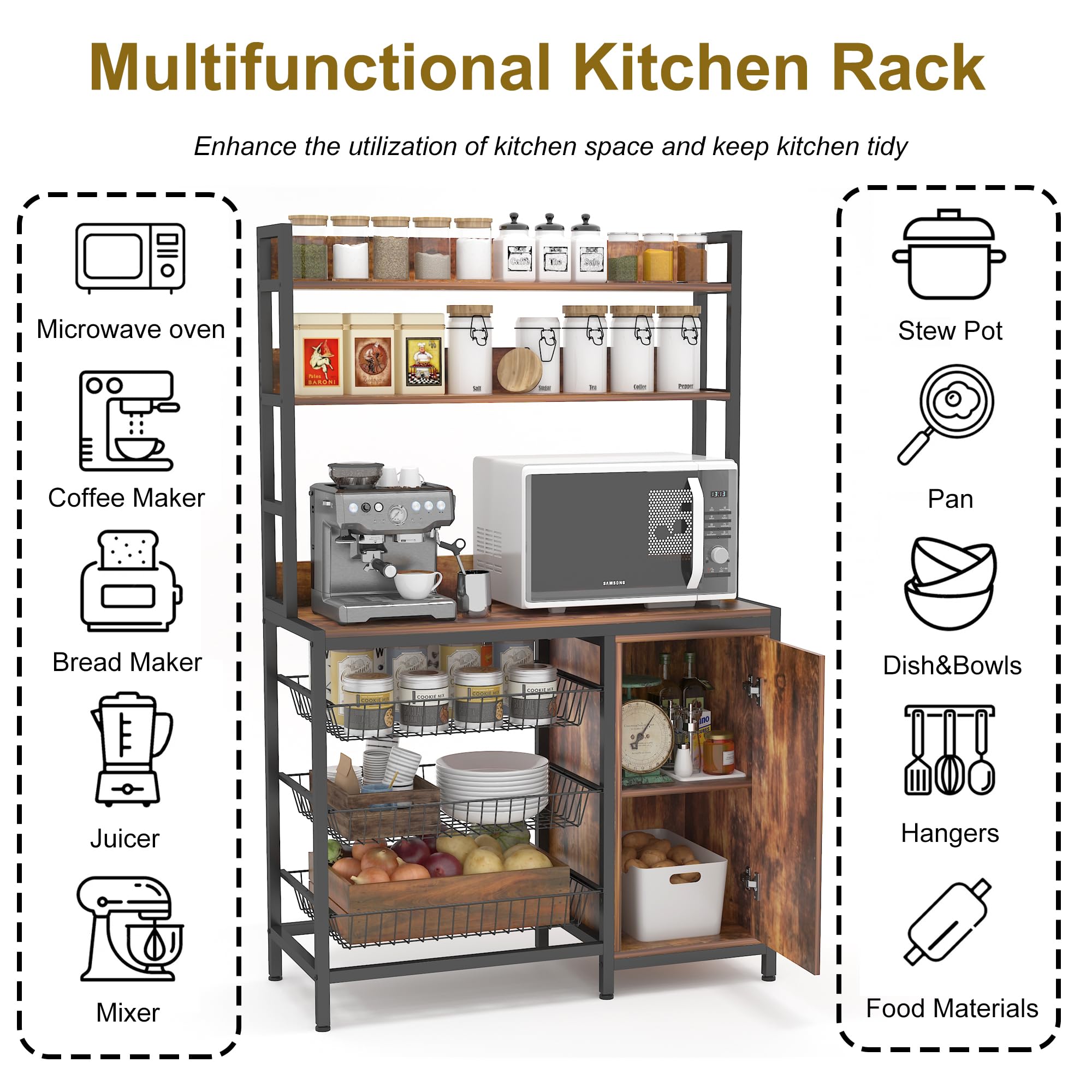 NAIYUFA Kitchen Bakers Rack with Baskets and Door,Industrial Microwave Oven Stand,Kitchen Utility Storage Shelf,Free Standing Kitchen Utility Cart Storage Shelf Organizer with Hooks