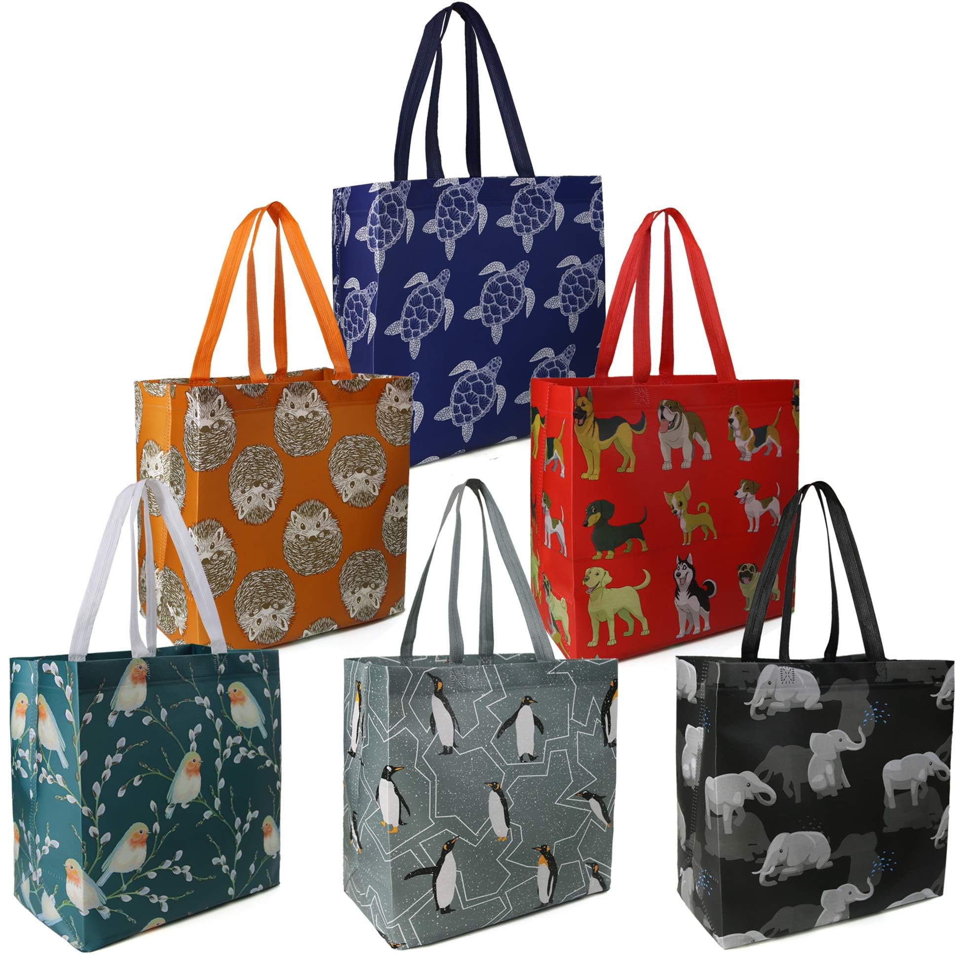 BeeGreen Animal Reusable Grocery Bags - W13*H13*D7 6 Packs Lightweight Shopping Totes with Long Handles, Water Resistant,Durable and Portable - Perfect for Groceries, Supermarket, Gifts, and More