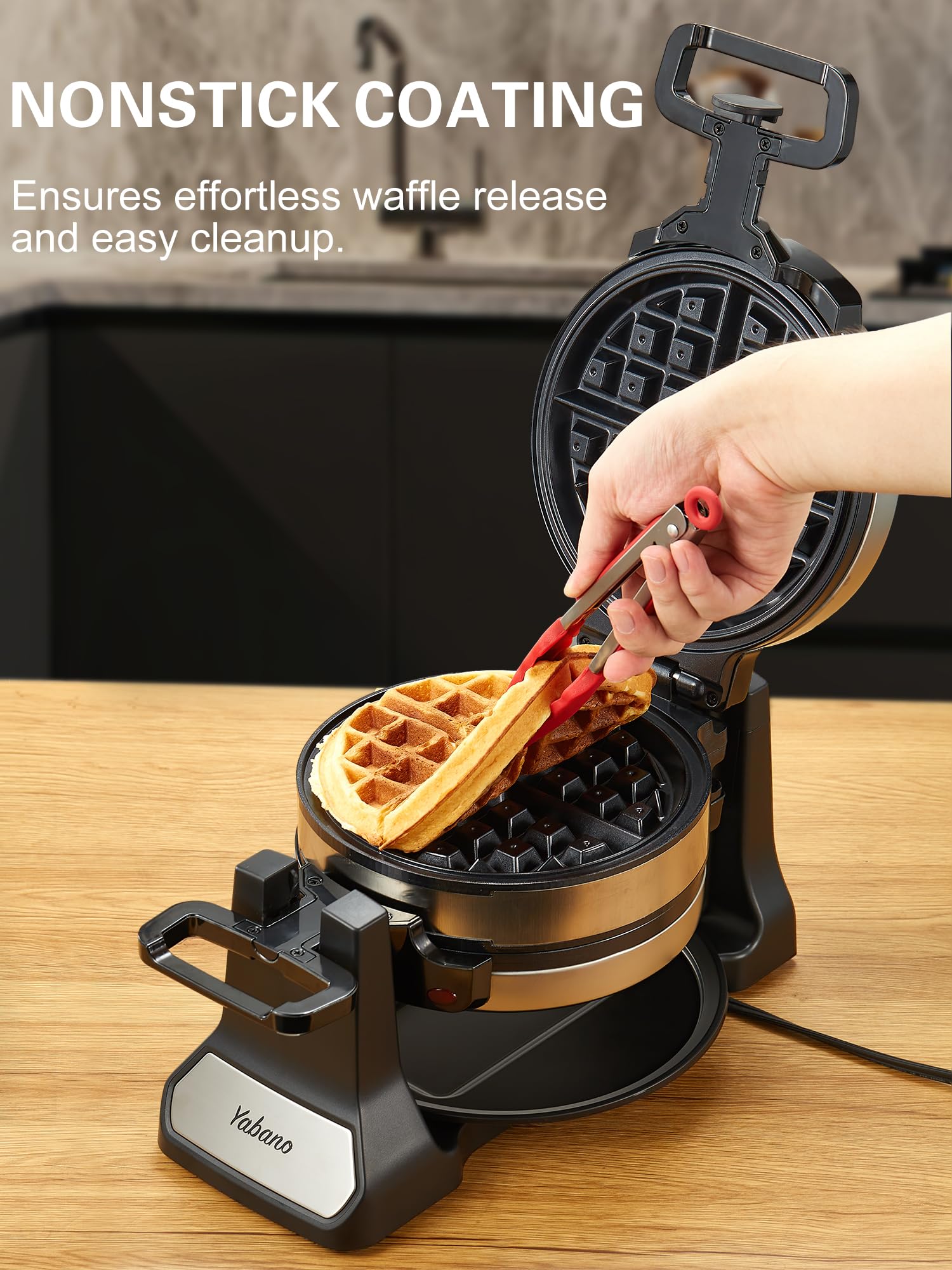 Belgian Waffle Maker, Classic Rotating Waffle Iron with Nonstick Plates, Removable Drip Tray and Cool Touch Handles, Double Flip Waffle, Rotating Belgium Waflera Maker by Yabano, Brushed Stainless