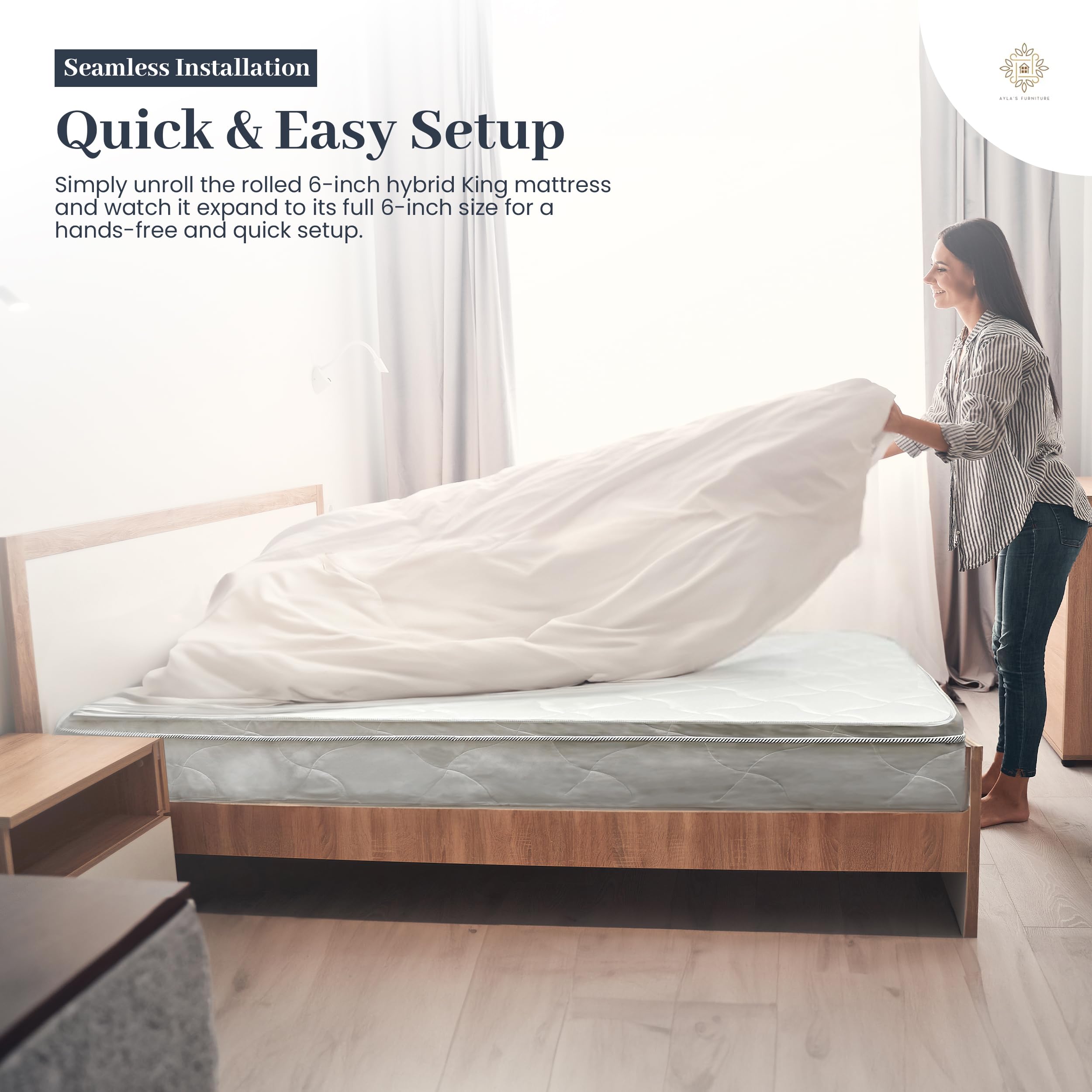 King Size Mattress - 6 Inch Cool Comfort Foam & Spring Hybrid Mattress with Breathable Organic Cotton Cover - Quilted Soft Tight Top - Rolled in a Box - Oliver & Smith