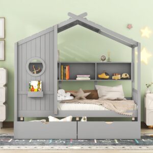 Twin Size House Bed with Storage Drawers and Shelves, Wood Montessori House Bed Frame, Kids Playhouse Tent Bed for Girls Boys, Gray