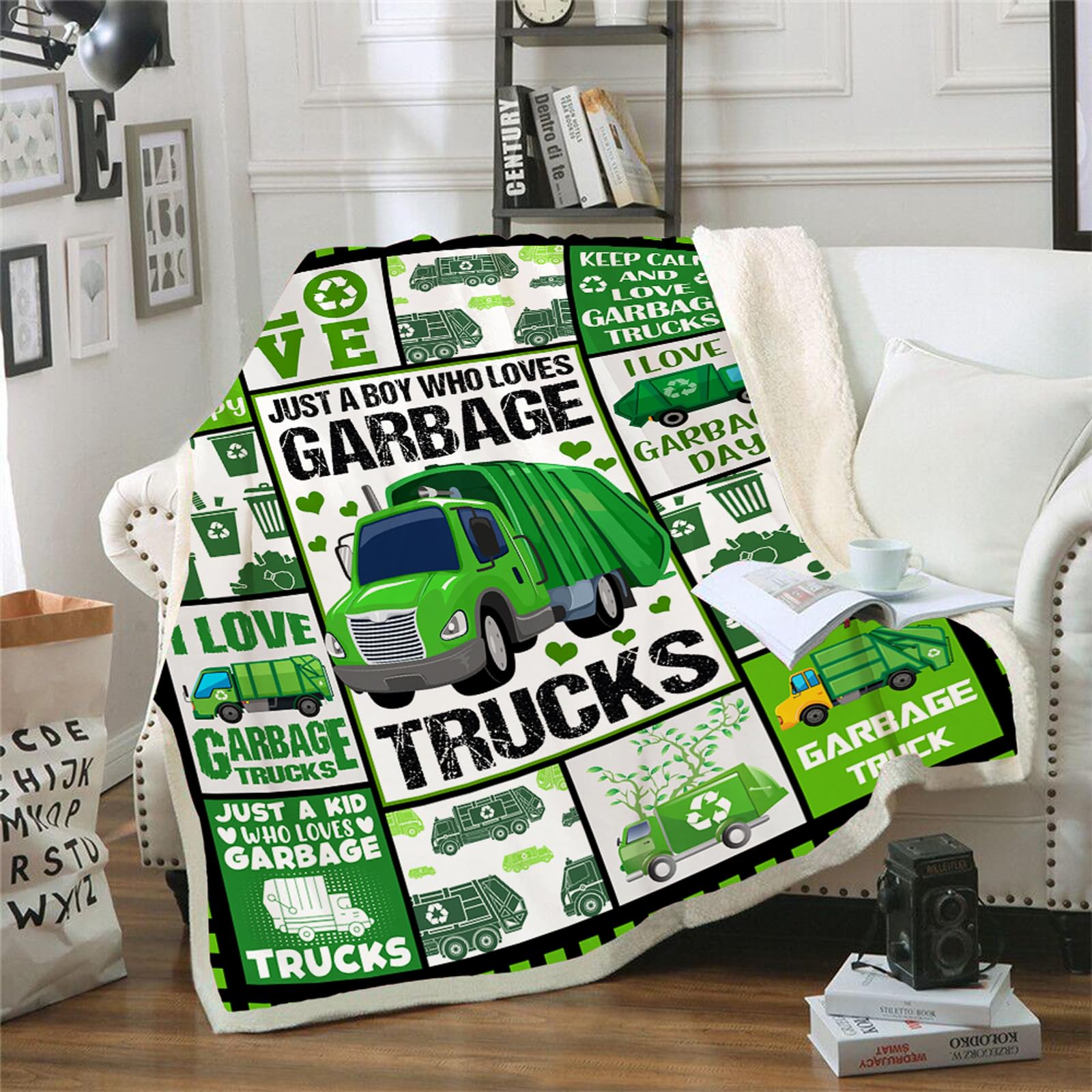 Just A Boy Who Loves Garbage Trucks Blanket, I Love Garbage Trucks Gifts Blanket for Boys Kids, Soft Cozy Warm Lightweight Throw Blanket for Living Room Couch Bed Sofa 60”x50”