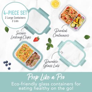 Bentgo Glass Leak-Proof Meal Prep Set - 4-Piece Lunch & Dinner 2-Compartment Glass Food Containers with Glass Lids - Reusable, BPA-Free, Microwave, Freezer, Oven & Dishwasher Safe (Seafoam/Seaglass)