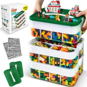 outsmart gadgets plastic stackable toy storage organizer bin for lego, building bricks, dolls and crafts organization, 3 layers with adjustable compartments,abc stickers and 2 lids included