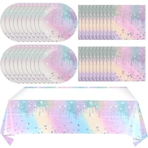 juhap iridescent diamond birthday party supplies decorations, disposable holographic paper tableware includes 20 plates 20 napkins and 1 tablecloth for girls kids birthday theme party, serve 20