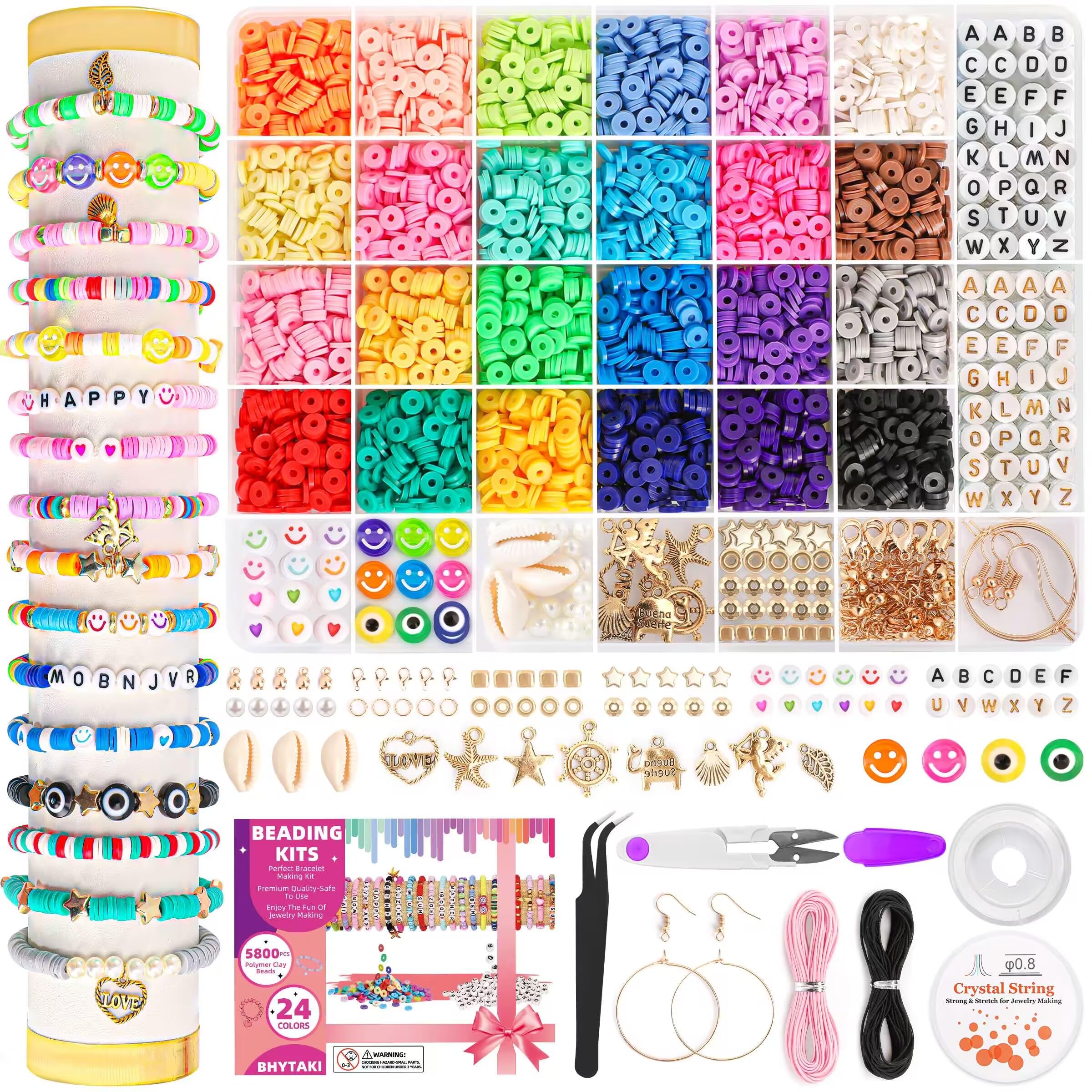 5800 PCS Clay Beads Bracelet Making Kit, 24 Colors Flat Preppy Beads for Friendship Jewelry Making, Polymer Heishi Beads with Charms DIY Arts and Crafts Birthday Gifts Toys for Teen Girls Age 6+