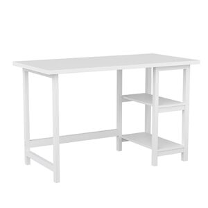 martha stewart beckett modern trestle desk with open side shelving in white wood grain finish