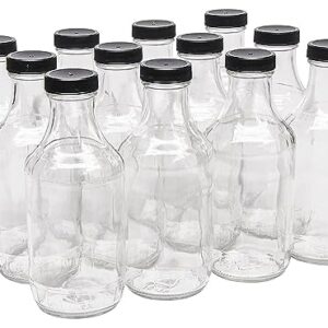 North Mountain Supply 16 Ounce Glass Sauce Bottle - with 38mm Black Plastic Lids - Case of 12