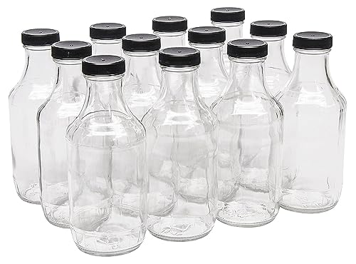 North Mountain Supply 16 Ounce Glass Sauce Bottle - with 38mm Black Plastic Lids - Case of 12