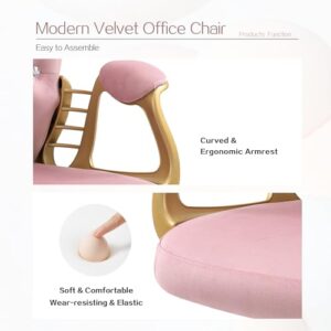 cayglow Velvet Home Office Desk Chair Comfy with Gold Legs and Arms, Comfortable Makeup Vanity Chair with Back and Wheels, Button Tufted Armchair Swivel Rolling Chair for Girls Women Bedroom,Pink