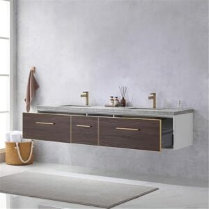 VINNOVA Caparroso 84" Double Sink Bath Vanity in Dark Walnut w/Grey Sintered Stone Top