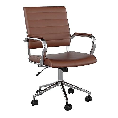 Martha Stewart Piper Swivel Task Chair with Armrests for Home Office in Saddle Brown Faux Leather with Polished Nickel Frame