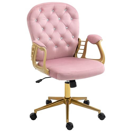 cayglow Velvet Home Office Desk Chair Comfy with Gold Legs and Arms, Comfortable Makeup Vanity Chair with Back and Wheels, Button Tufted Armchair Swivel Rolling Chair for Girls Women Bedroom,Pink