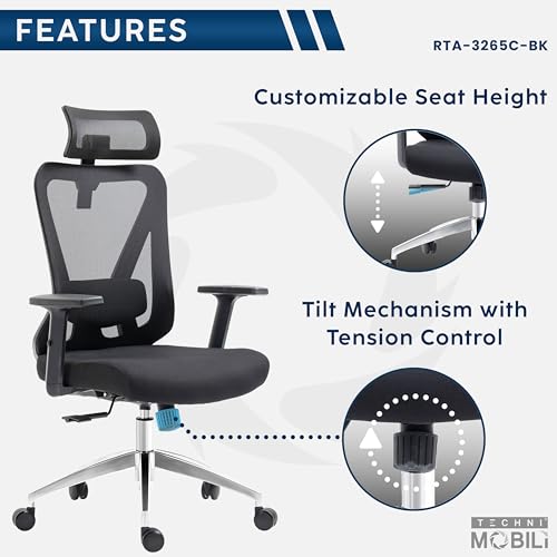 Techni Mobili Truly Ergonomic Office Chair with Lumbar Support & Adjustable Headrest – Breathable Mesh Office Chair with 5 Precision Adjustment Points, Black