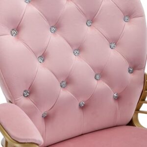 cayglow Velvet Home Office Desk Chair Comfy with Gold Legs and Arms, Comfortable Makeup Vanity Chair with Back and Wheels, Button Tufted Armchair Swivel Rolling Chair for Girls Women Bedroom,Pink