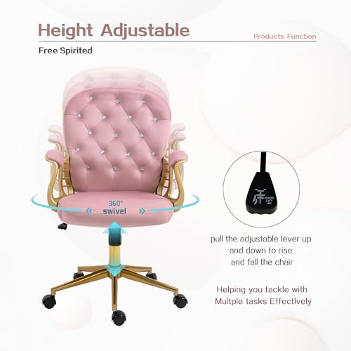 cayglow Velvet Home Office Desk Chair Comfy with Gold Legs and Arms, Comfortable Makeup Vanity Chair with Back and Wheels, Button Tufted Armchair Swivel Rolling Chair for Girls Women Bedroom,Pink