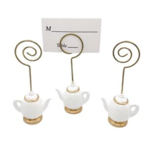 amerry 10pcs teapot table card holder，place card holders, table number holder，photo holders, party favors, wedding decorations ，delicious afternoon tea, delicious breakfast teapot(golden and white)