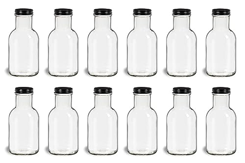 North Mountain Supply 8 Ounce Glass Stout Sauce Bottle - with 38mm Black Metal Lids - Case of 12