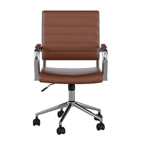 Martha Stewart Piper Swivel Task Chair with Armrests for Home Office in Saddle Brown Faux Leather with Polished Nickel Frame