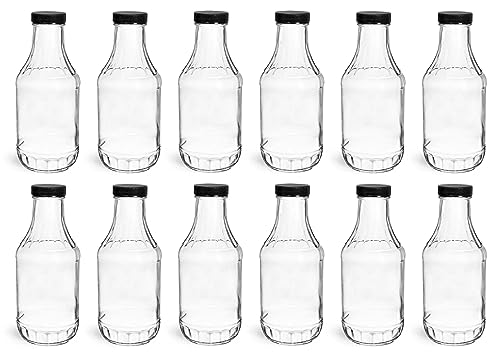 North Mountain Supply 16 Ounce Glass Sauce Bottle - with 38mm Black Plastic Lids - Case of 12