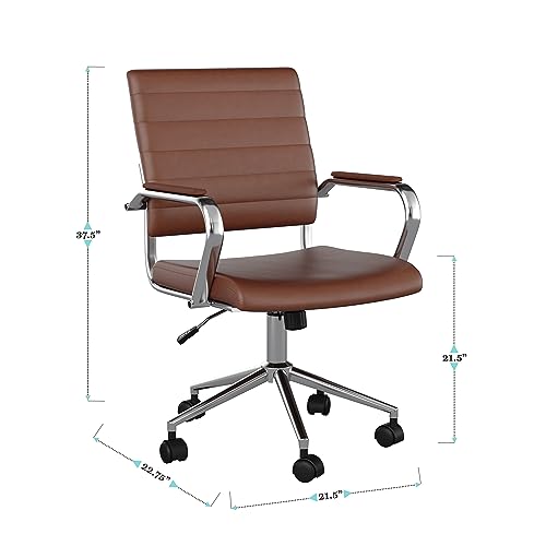 Martha Stewart Piper Swivel Task Chair with Armrests for Home Office in Saddle Brown Faux Leather with Polished Nickel Frame