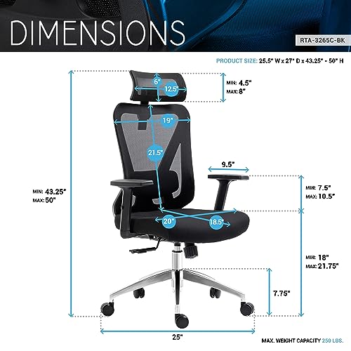 Techni Mobili Truly Ergonomic Office Chair with Lumbar Support & Adjustable Headrest – Breathable Mesh Office Chair with 5 Precision Adjustment Points, Black