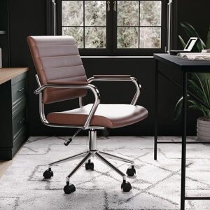 Martha Stewart Piper Swivel Task Chair with Armrests for Home Office in Saddle Brown Faux Leather with Polished Nickel Frame