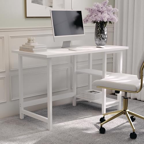 Martha Stewart Beckett Modern Trestle Desk with Open Side Shelving in White Wood Grain Finish