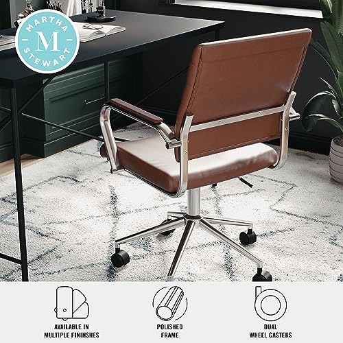 Martha Stewart Piper Swivel Task Chair with Armrests for Home Office in Saddle Brown Faux Leather with Polished Nickel Frame