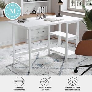 Martha Stewart Beckett Modern Trestle Desk with Open Side Shelving in White Wood Grain Finish