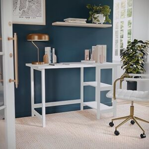 Martha Stewart Beckett Modern Trestle Desk with Open Side Shelving in White Wood Grain Finish