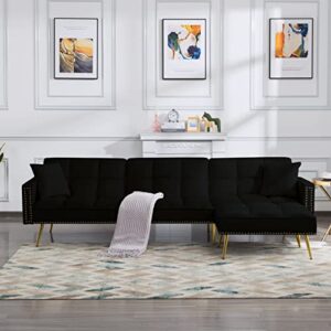 l-shaped velvet upholstery tufted corner sectional sofa convertible sleeper couch bed with reversible chaise ,nailhead decor ,pillows & movable ottoman & for home apartment office living room ,black